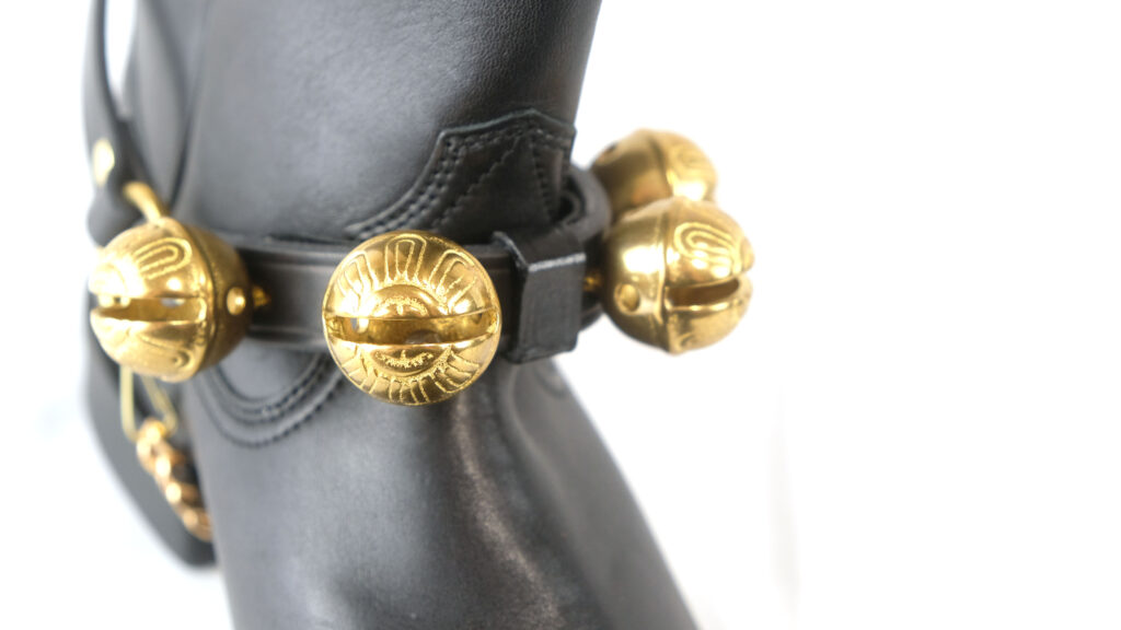 Boot Bell Set With Yellow Cast Brass Sleigh Bells And Black, Brown Or ...