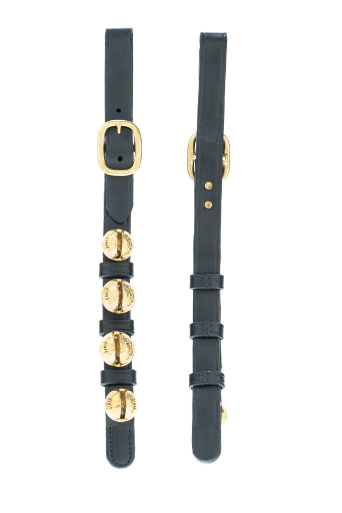 Pair Of 2 Straps Black Bridal Leather Cast Brass Belt Bells Fits Up to ...
